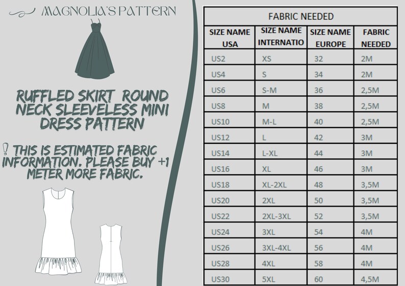 Ruffled Mini Dress Sewing Pattern: Sleeveless Round Neck (A0 A4 US ...