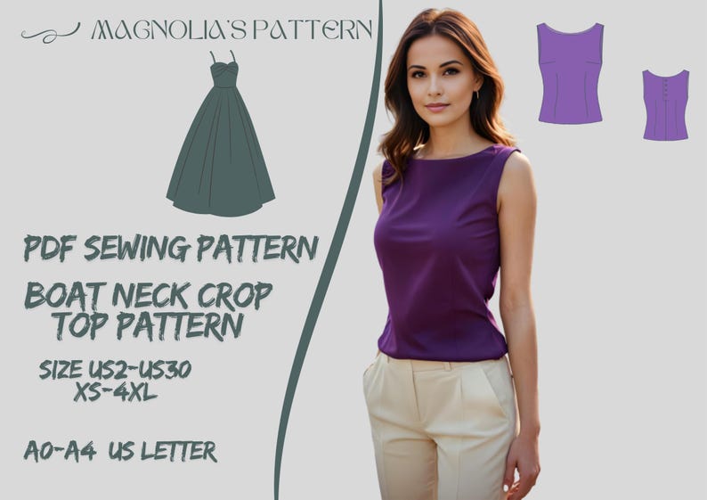 Boat Neck Crop Top Sewing Pattern: Women's Blouse (US 2-30) (PDF ...