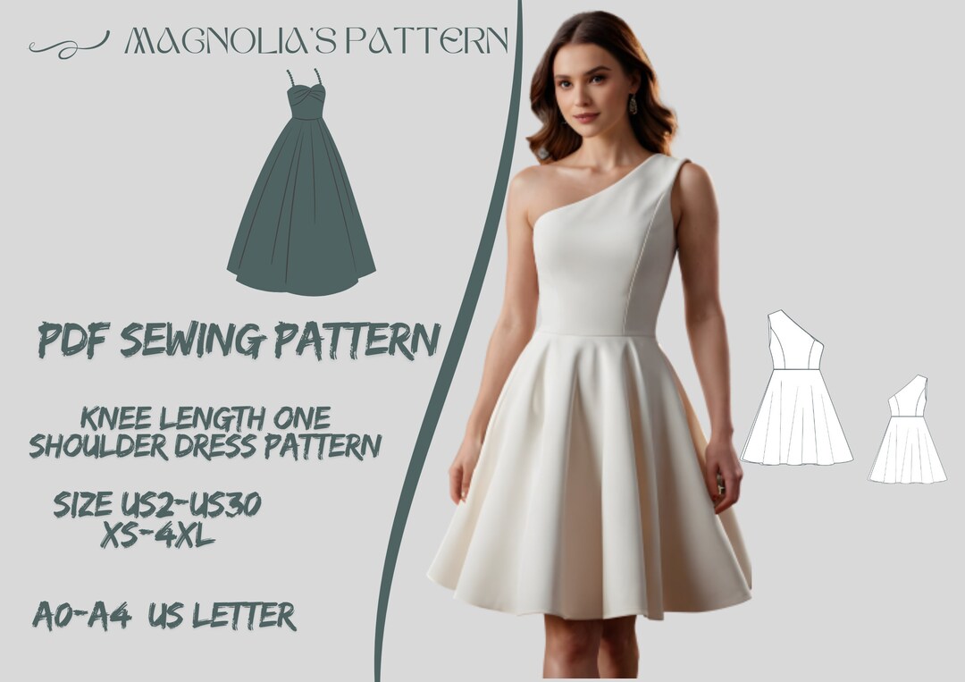 One Shoulder Dress Sewing Pattern: Knee Length (US 2-30) (PDF Pattern ...