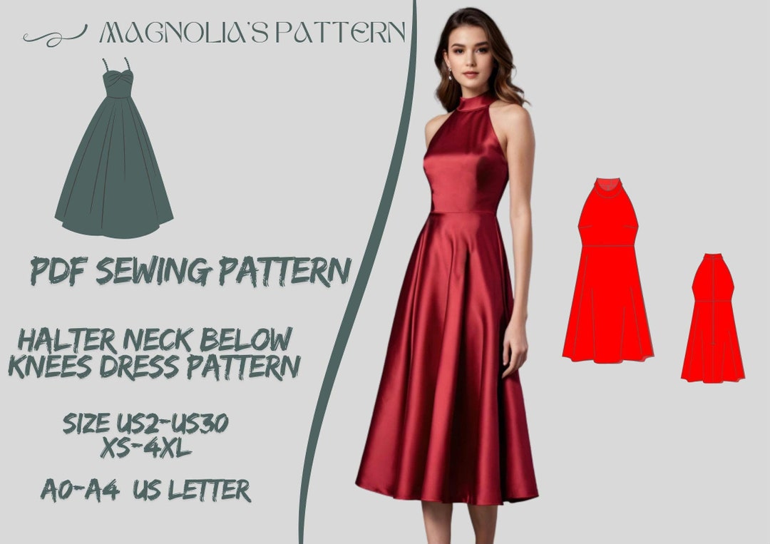 Halter Neck Dress Sewing Pattern: Below Knees, US 2-30 (PDF Pattern) - Etsy