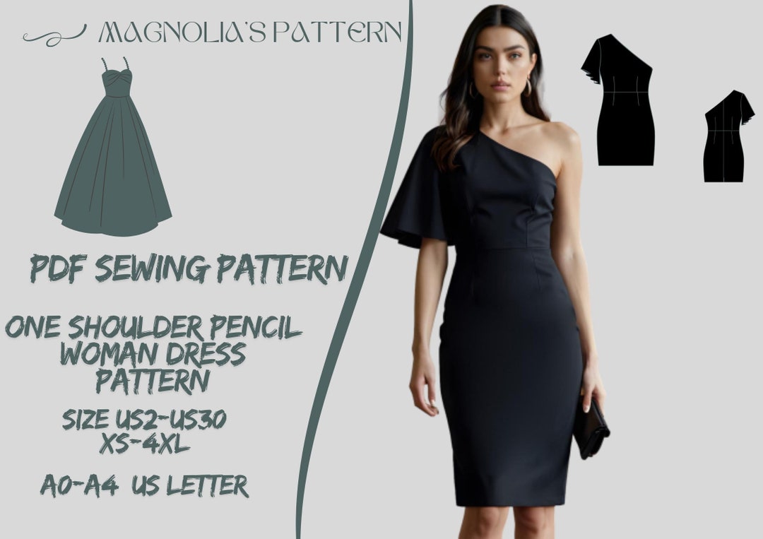 One Shoulder Pencil Dress Sewing Pattern: Flared Sleeve (PDF Pattern ...