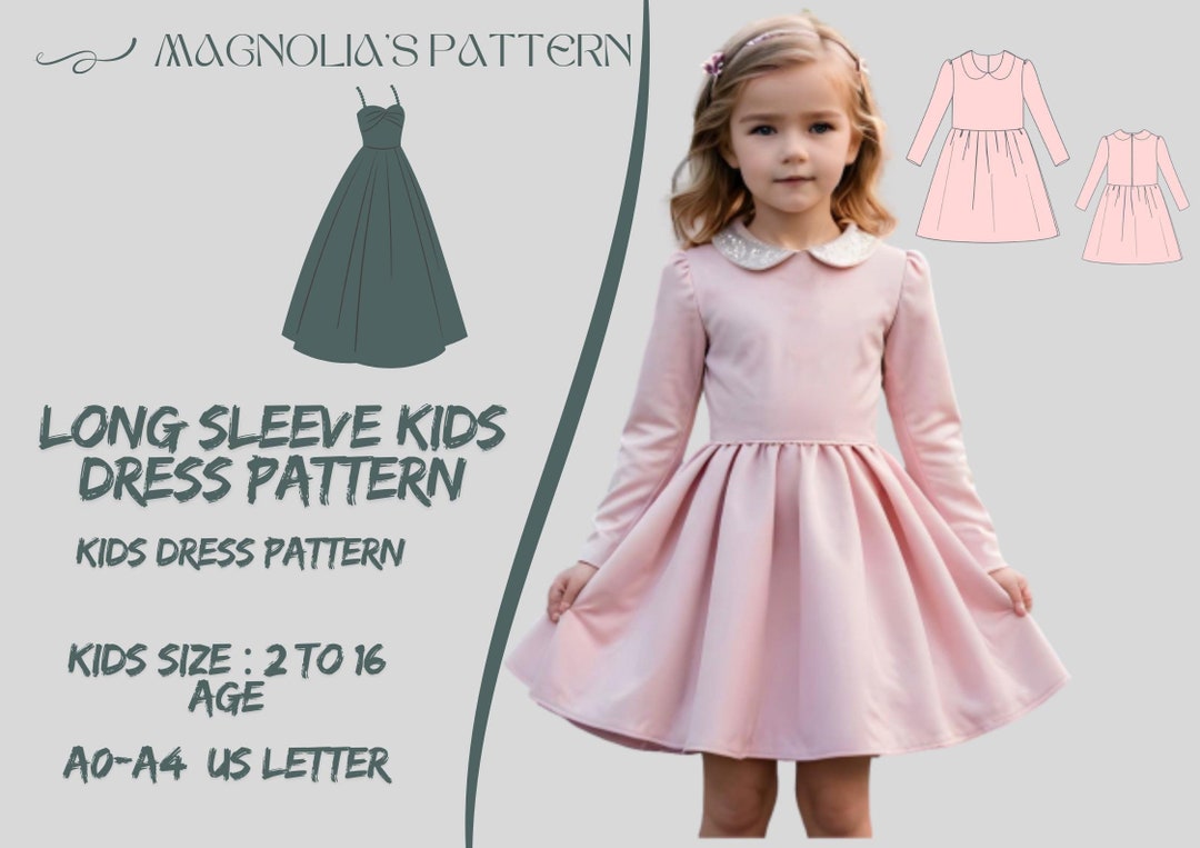 Girls Long Sleeve Collared Dress Sewing Pattern (size 2-16) (PDF ...