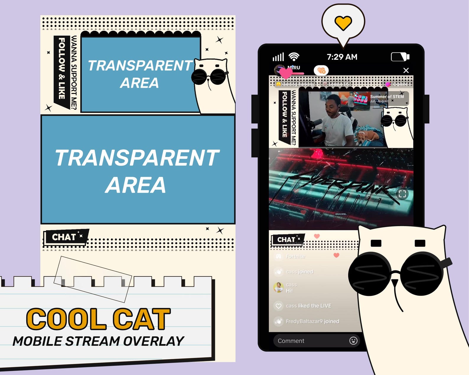 Cool Cat Stream Overlay | Tiktok Live Overlay Package | Mobile Overlay ...