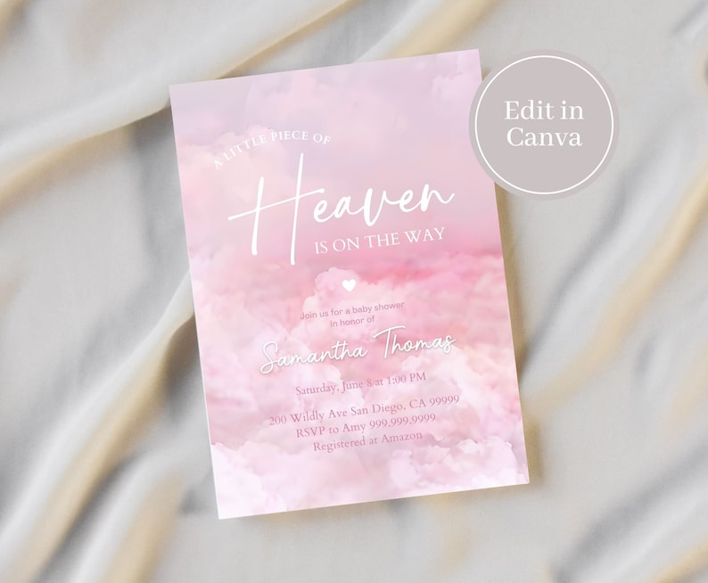 Editable Heaven Invite, Canva Template, Digital Download, Clouds ...