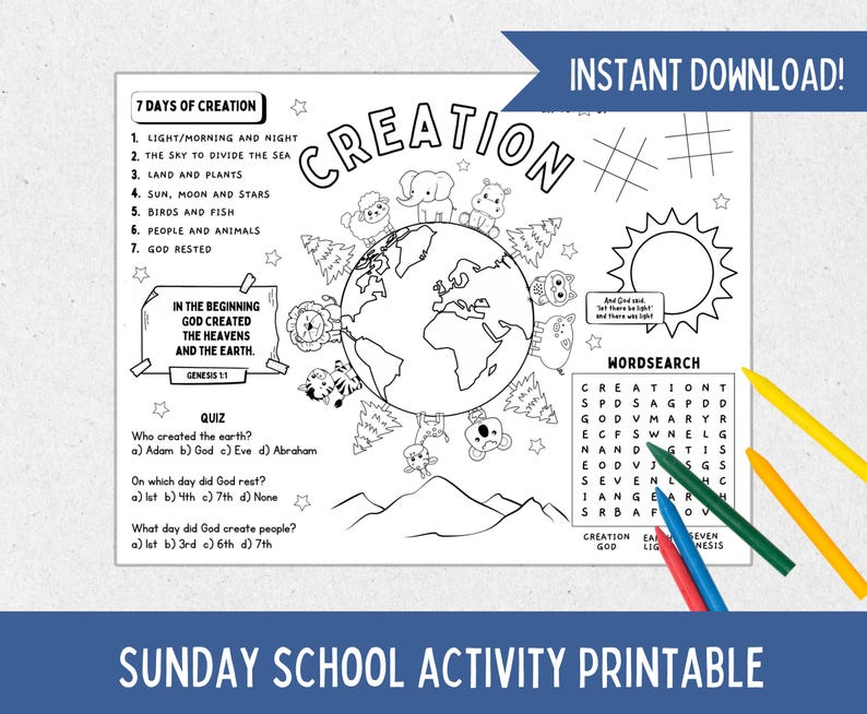 Sunday School Activity Sheet, Instant Download, Pdf Download, Genesis ...