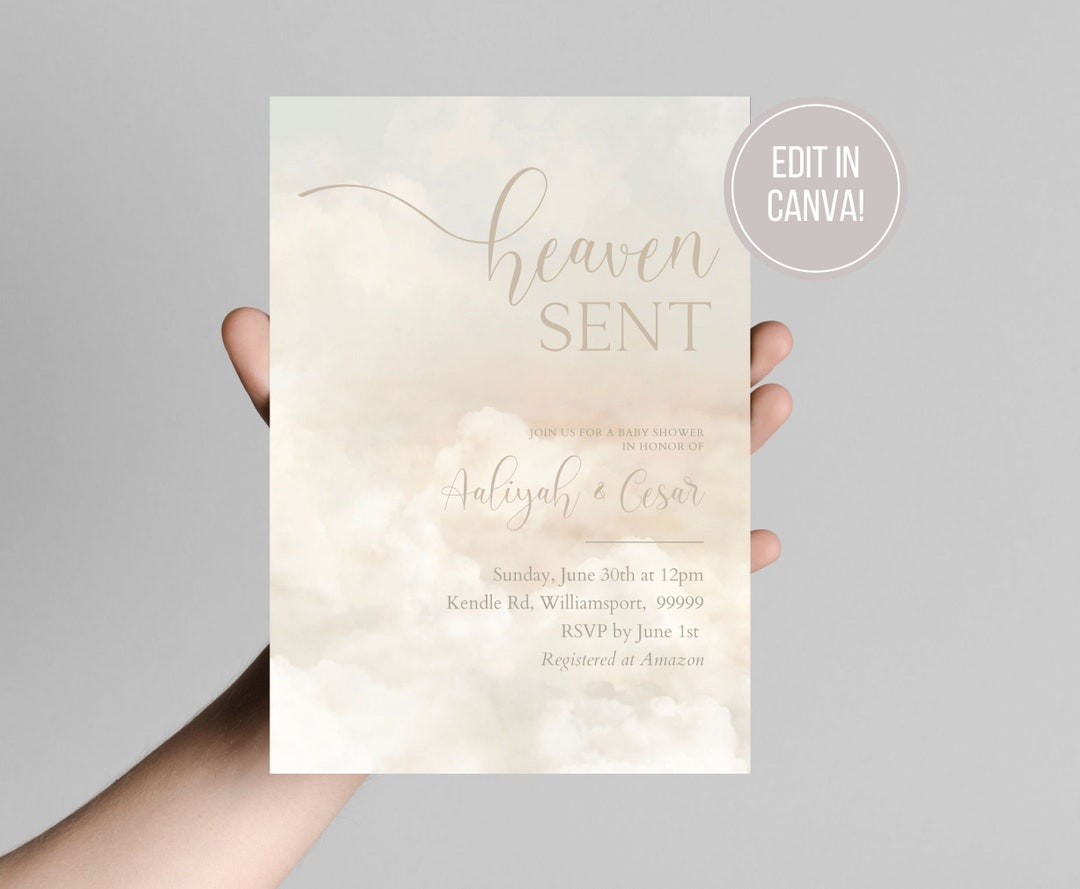 Editable Heaven Sent Invite, Canva Template, Digital Download, Neutral ...