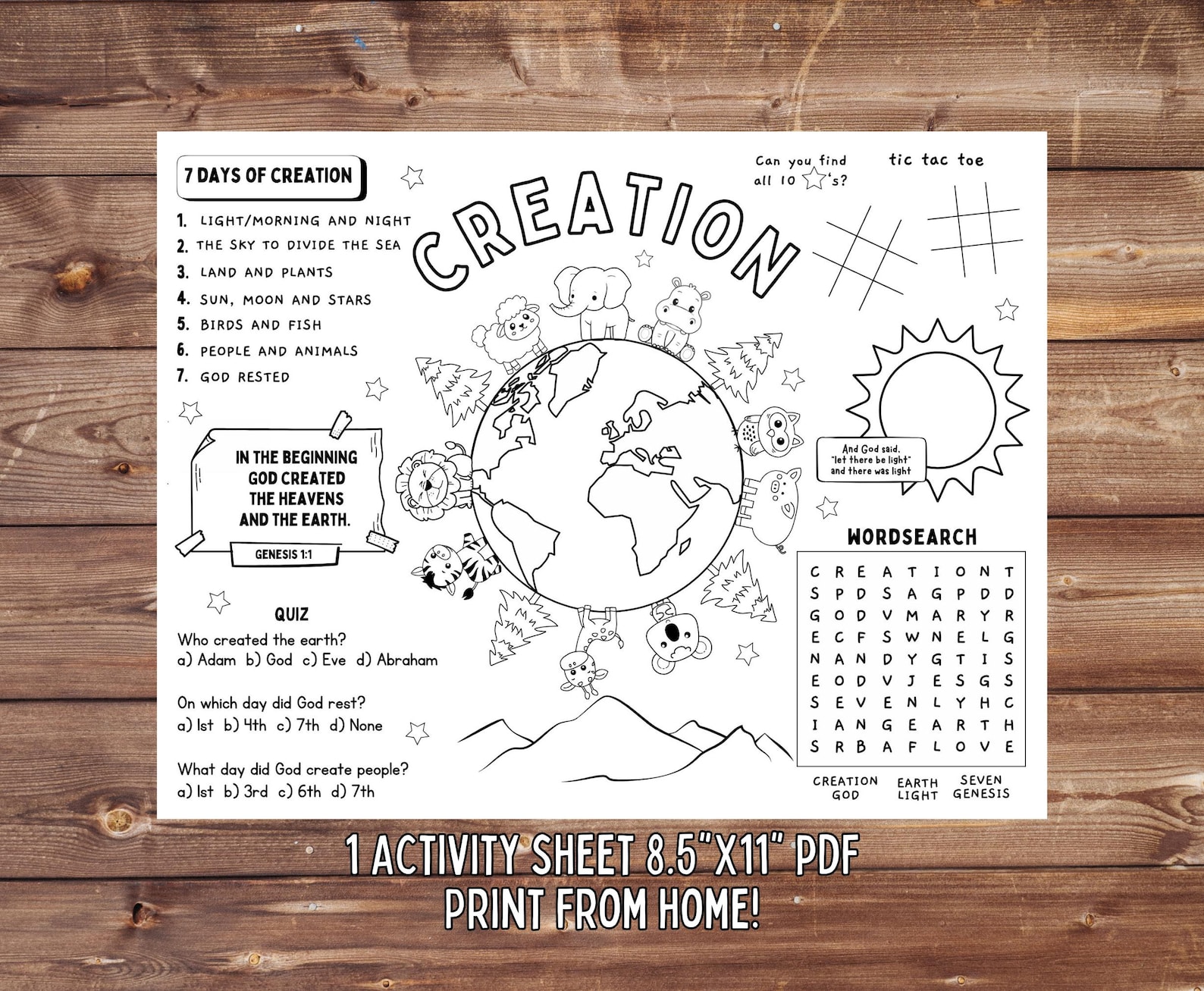 Sunday School Activity Sheet, Instant Download, Pdf Download, Genesis ...