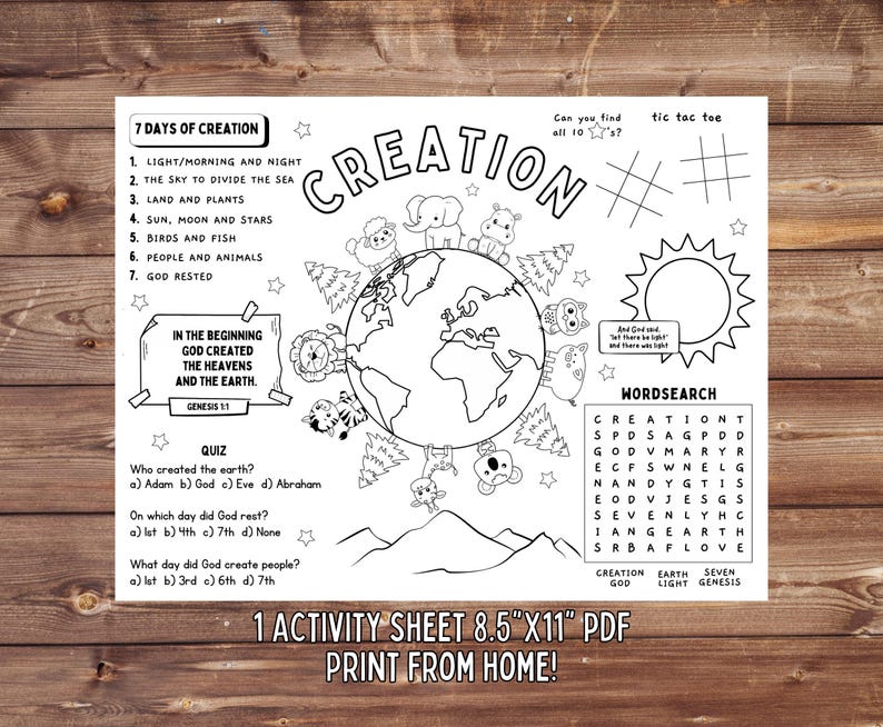 Sunday School Activity Sheet, Instant Download, Pdf Download, Genesis ...