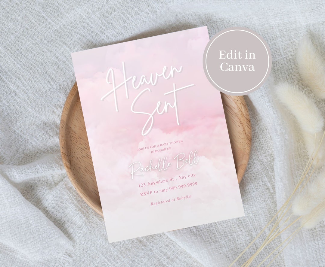 Editable Heaven Invite, Canva Template, Digital Download, Clouds ...