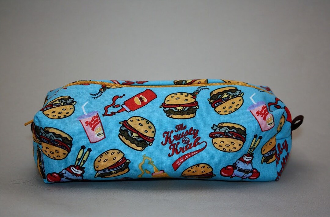 Boxy Makeup Bag- Spongebob Krabby Patty in Blue Print Zipper- Pencil ...