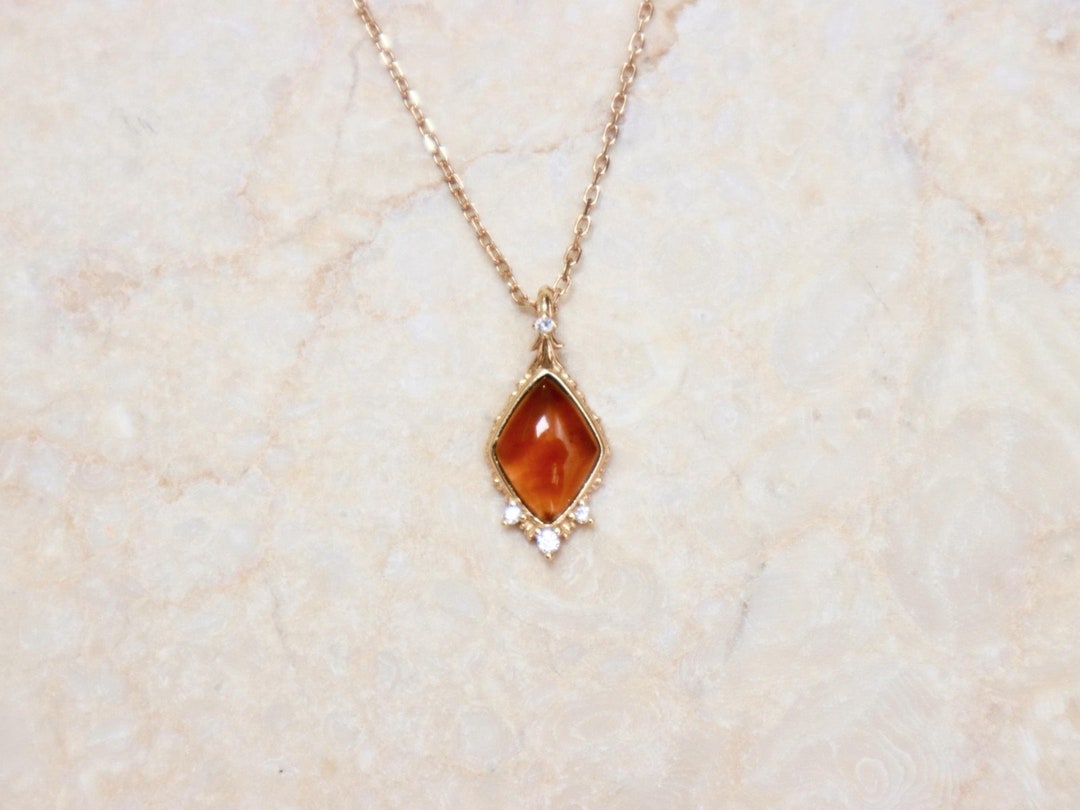 Real Rhombus Cut Amber Natural Gemstone Diamond Pendant Necklace, 14K ...