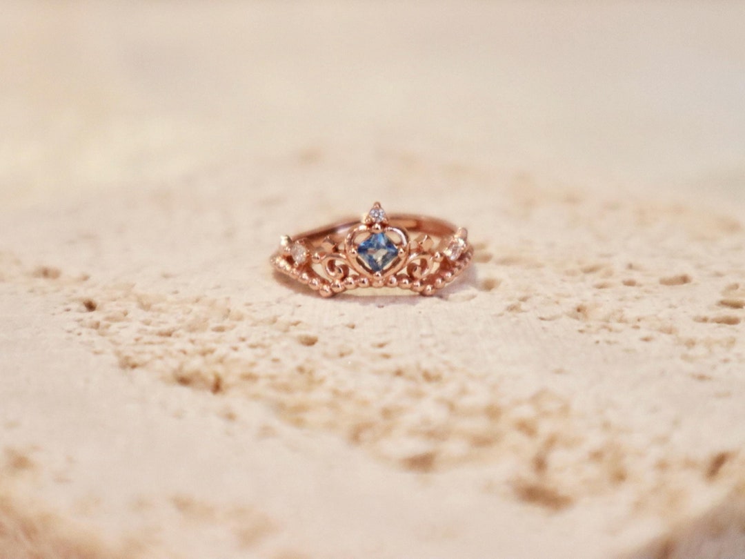 Dainty Crown Blue Gemstone Rose Gold Plated S925 Silver Adjustable Ring, Queen Princess Tiara ...