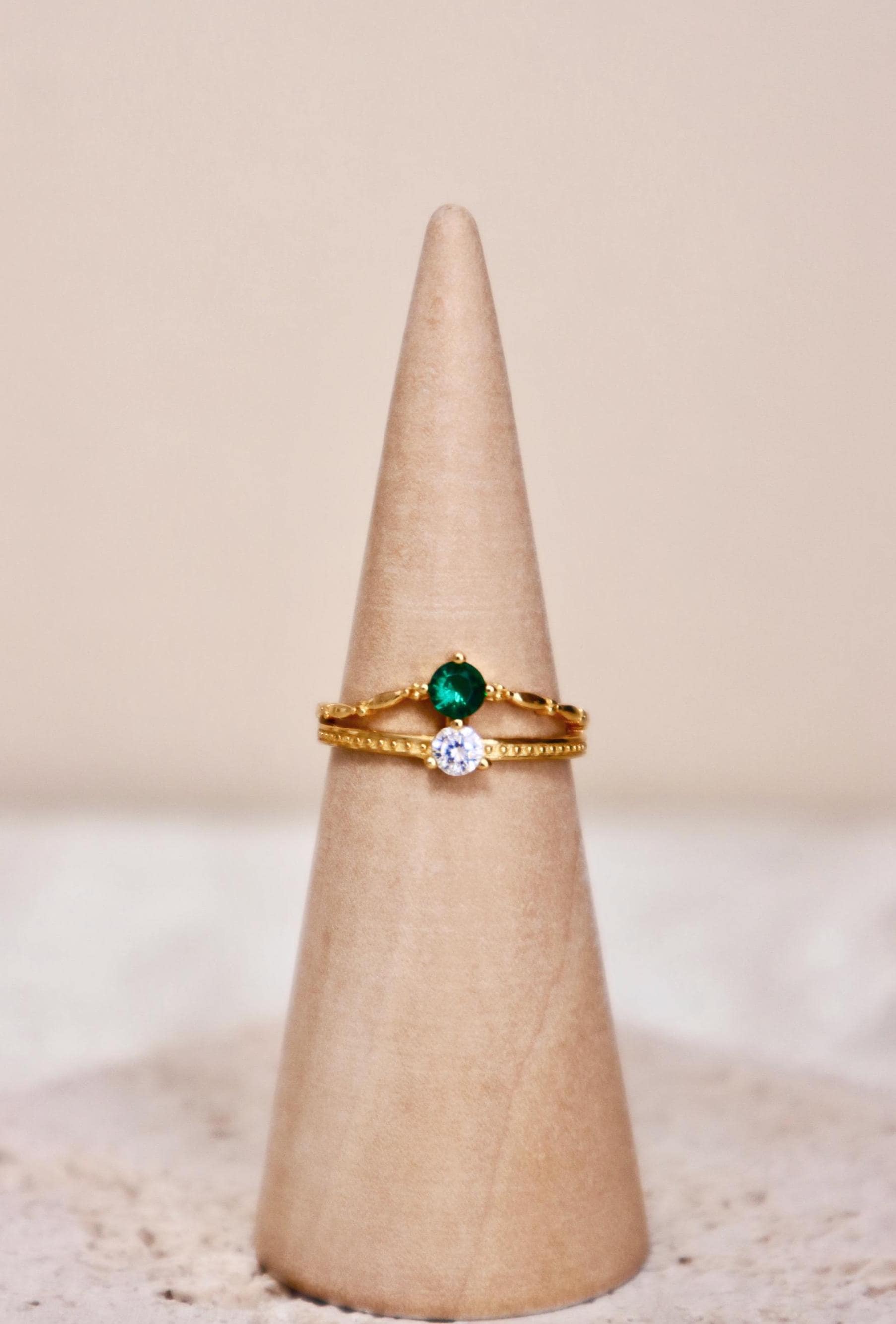 Double Band Diamond Emerald 24K Gold Plated 925 Sterling Silver CZ ...