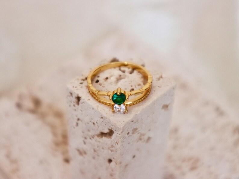 Double Band Diamond Emerald 24K Gold Plated 925 Sterling Silver CZ ...