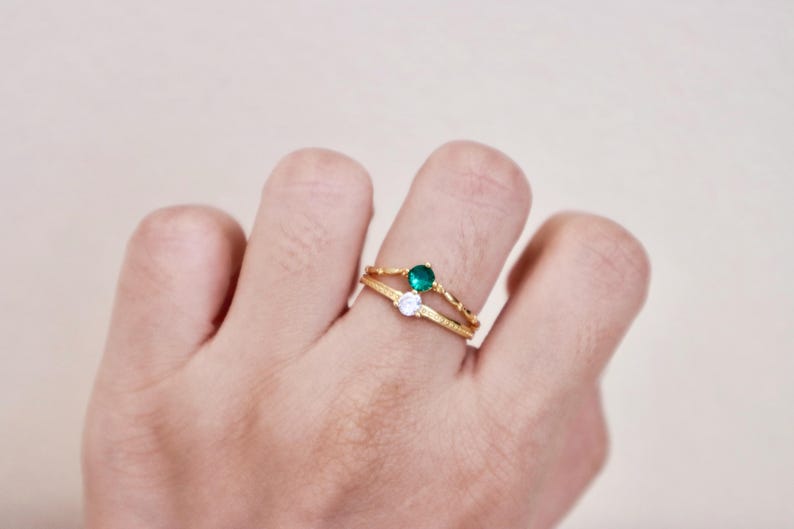 Double Band Diamond Emerald 24K Gold Plated 925 Sterling Silver CZ ...