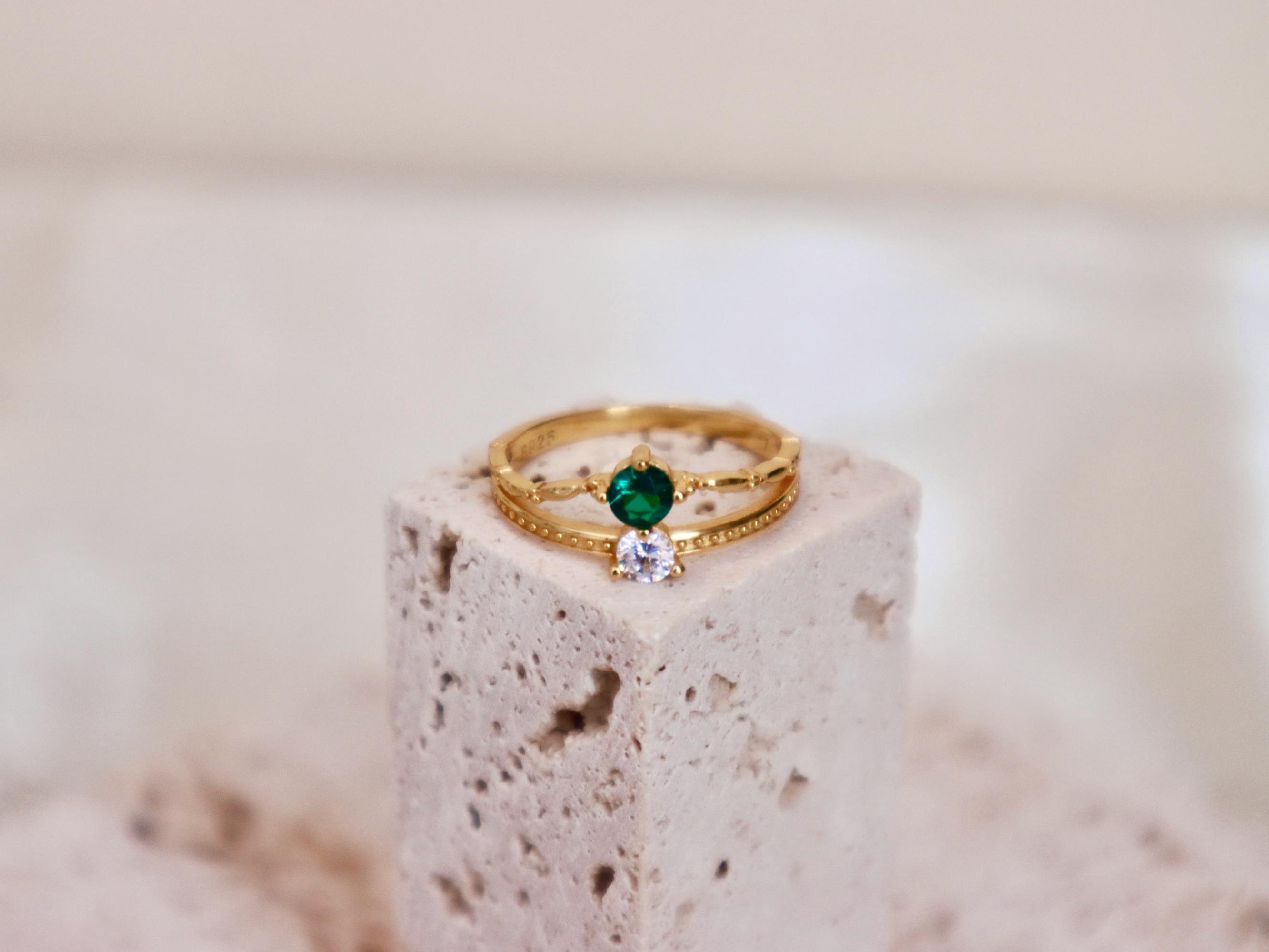 Double Band Diamond Emerald 24K Gold Plated 925 Sterling Silver CZ ...