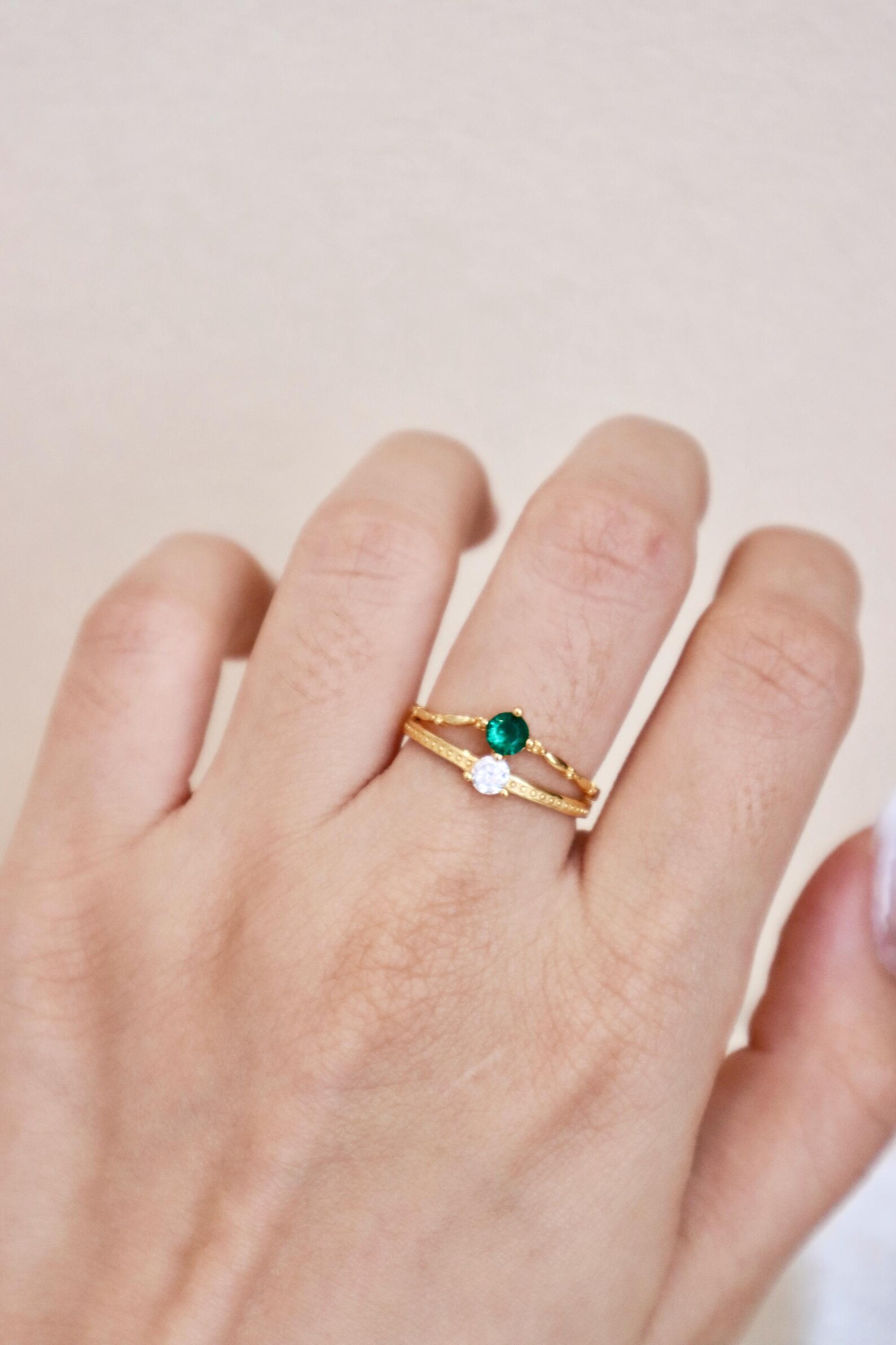 Double Band Diamond Emerald 24K Gold Plated 925 Sterling Silver CZ ...