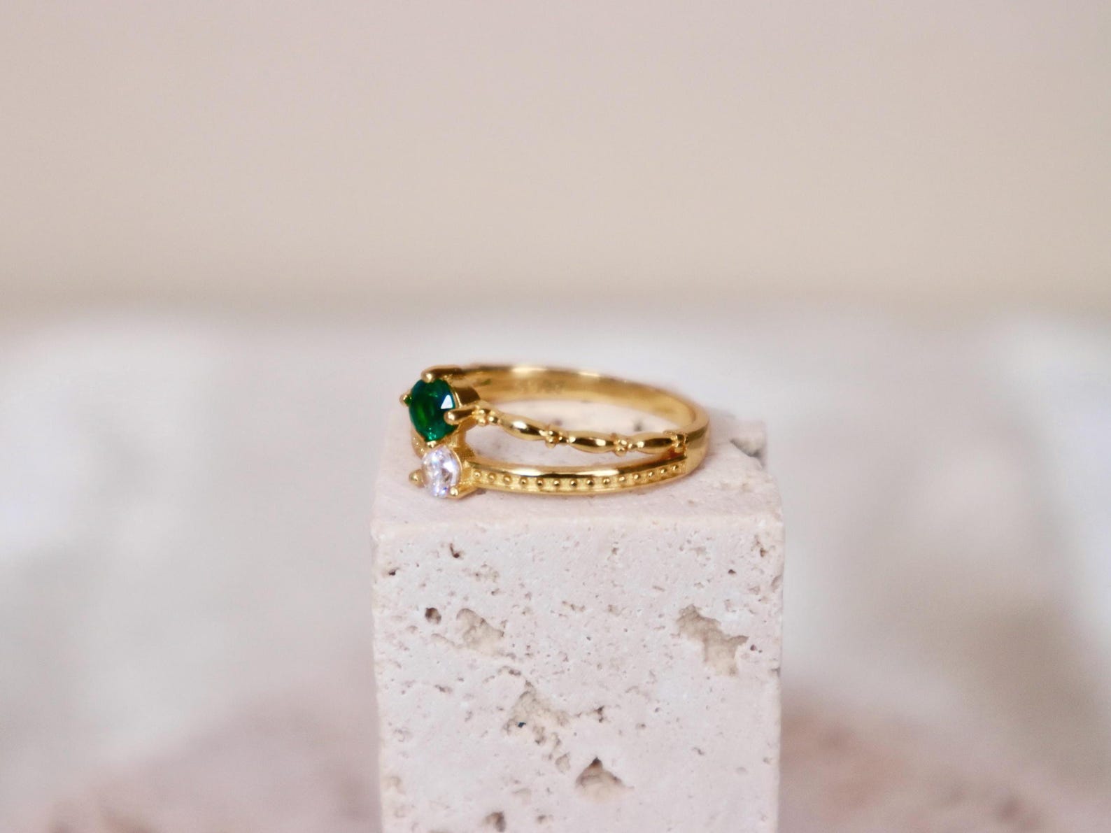 Double Band Diamond Emerald 24K Gold Plated 925 Sterling Silver CZ ...