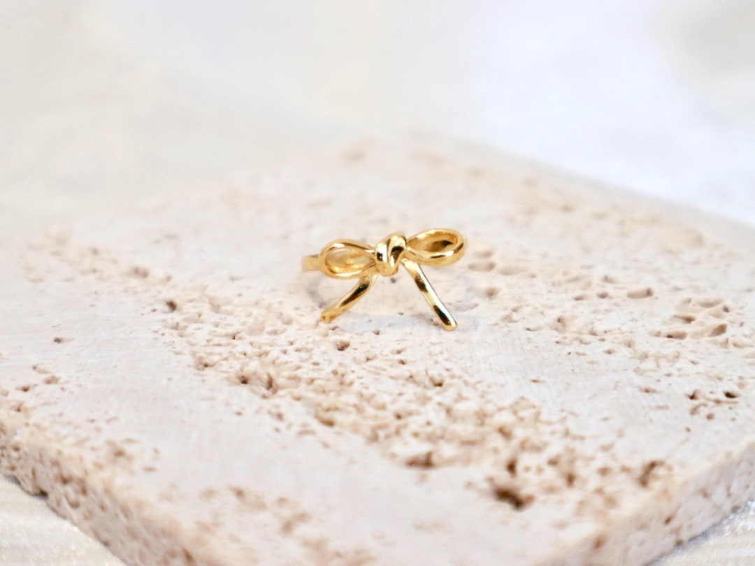 Dainty Gold Ribbon Bow Ring, 24k Gold Plated Sterling Silver, Minimalist Style Little Knot Bow ...