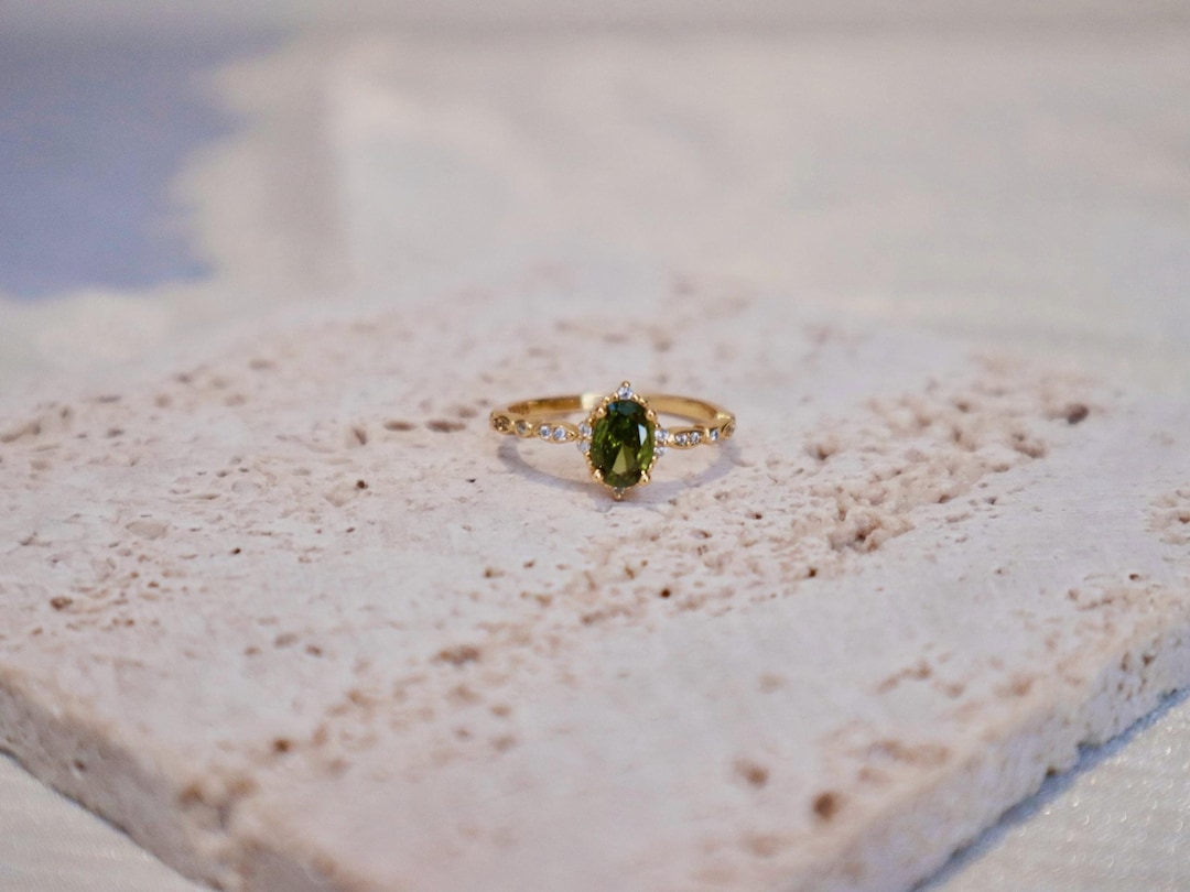 Dainty Olive Green Peridot Gemstone Solitaire 24K Gold Plated S925 ...