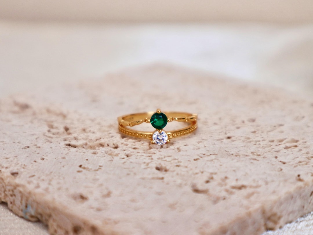 Double Band Diamond Emerald 24K Gold Plated 925 Sterling Silver CZ ...