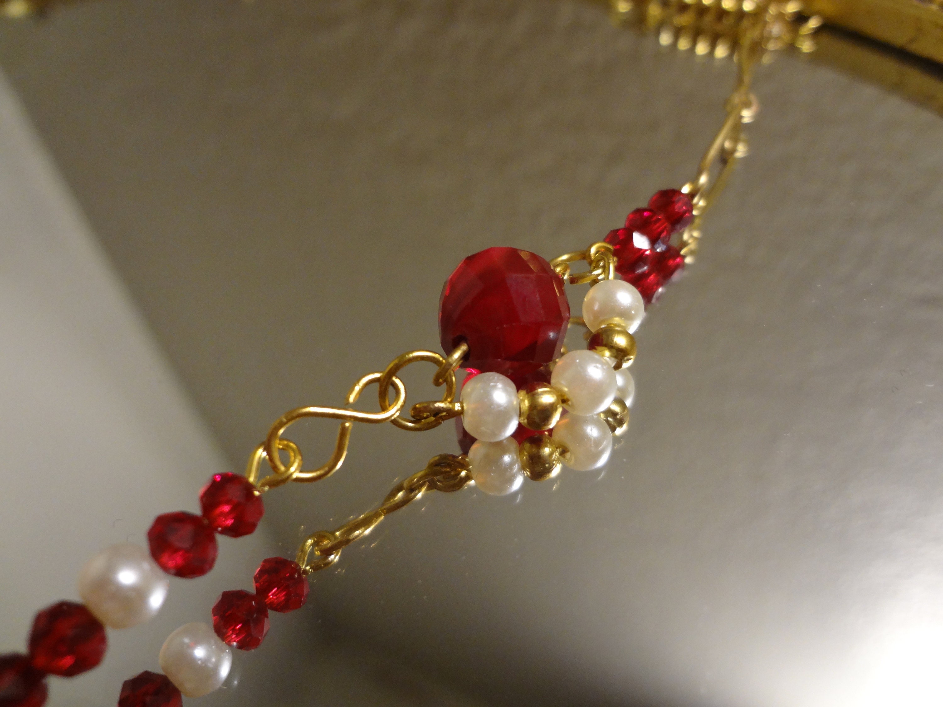 Red Beaded Necklace Earrings Gold Set, Handmade Gift, Red Crystal ...