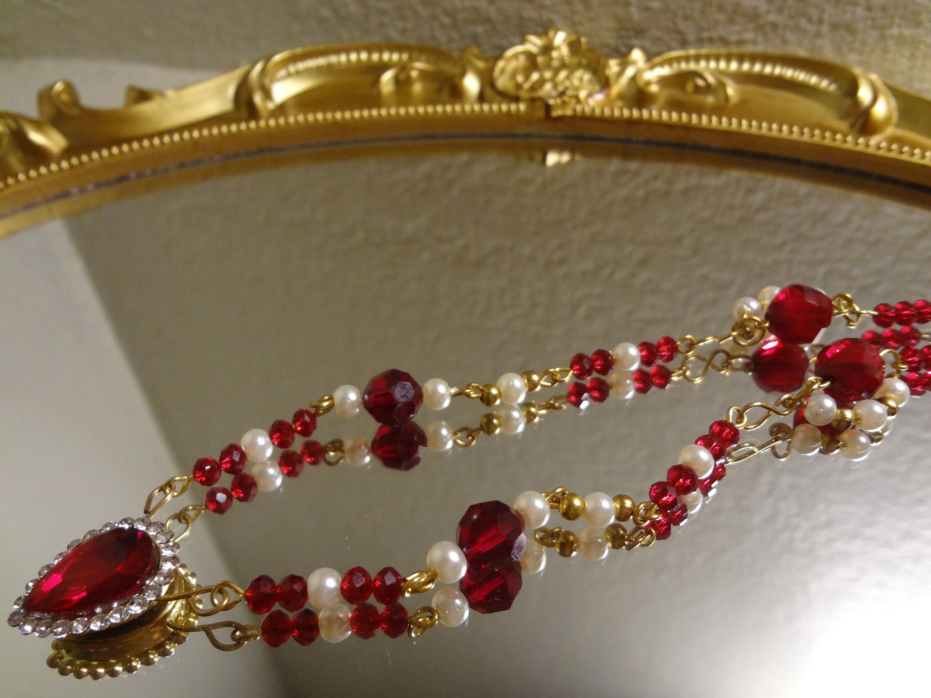 Red Beaded Necklace Earrings Gold Set, Handmade Gift, Red Crystal ...