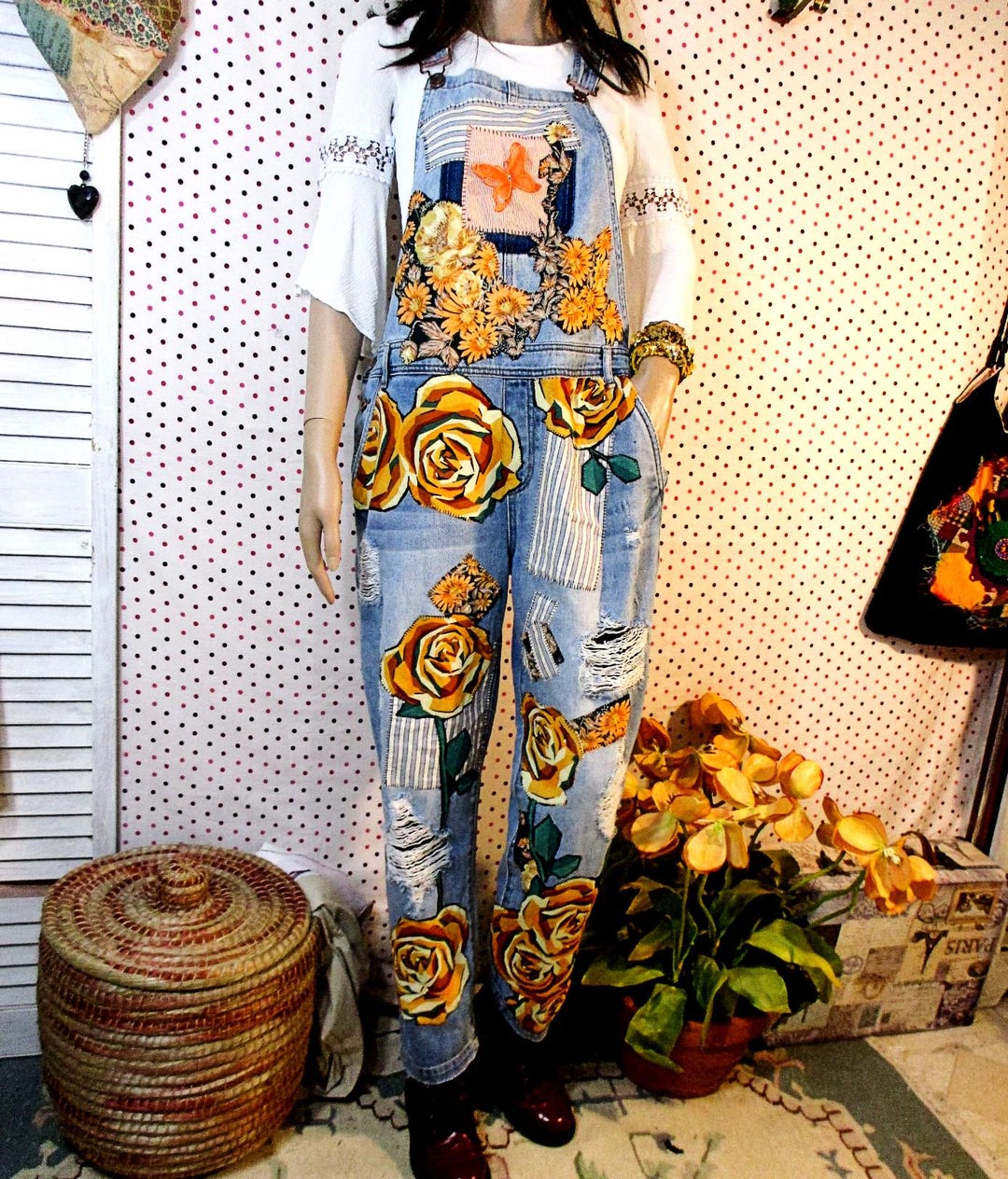 Upcycled Overalls, Straight Wide Leg, Long Overalls, Applique and ...