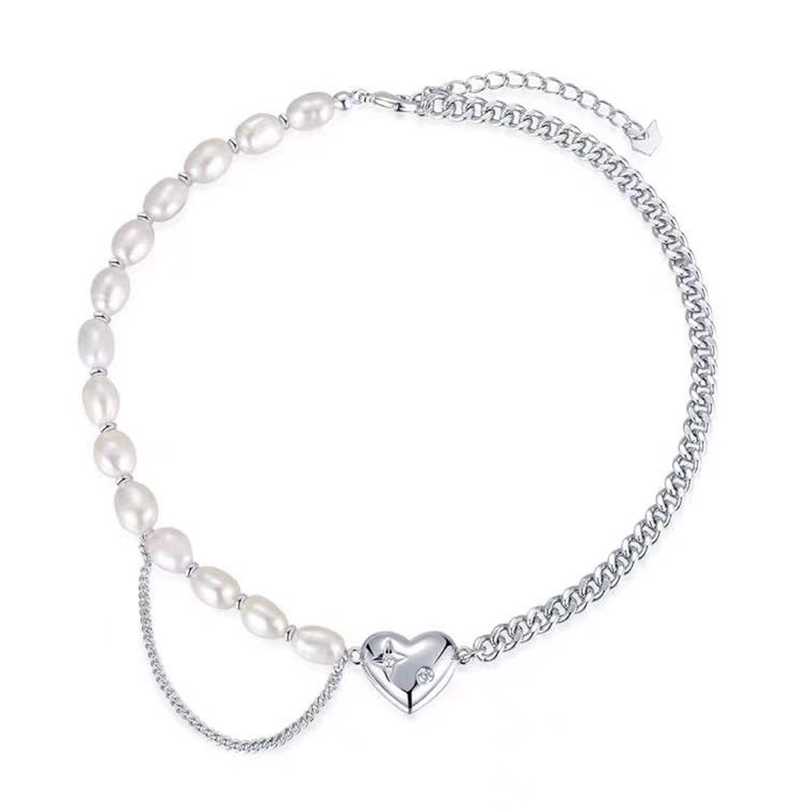 Silver Love Heart Pendant, Crystal Star, Pearl Curb Chain Choker ...