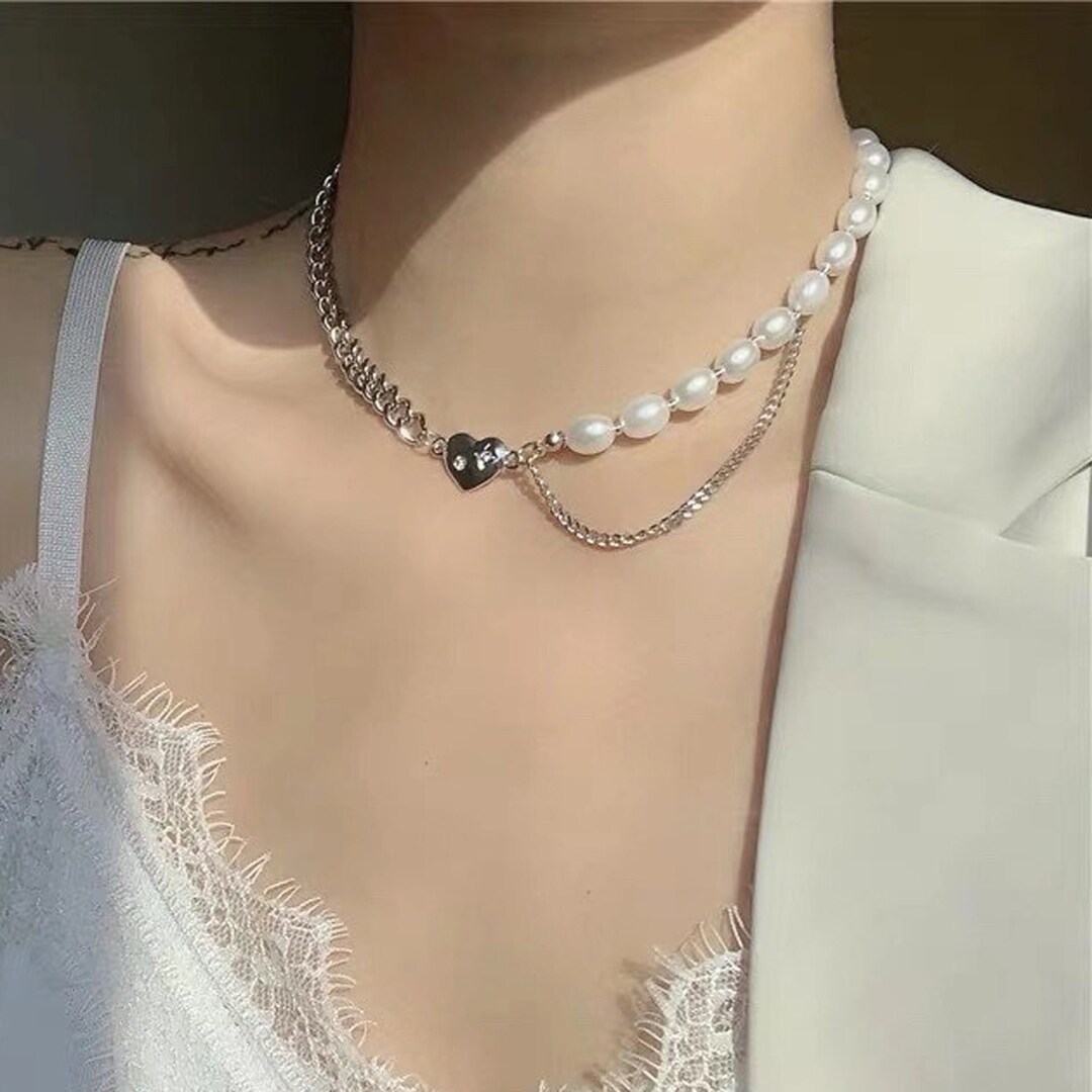 Silver Love Heart Pendant, Crystal Star, Pearl Curb Chain Choker ...
