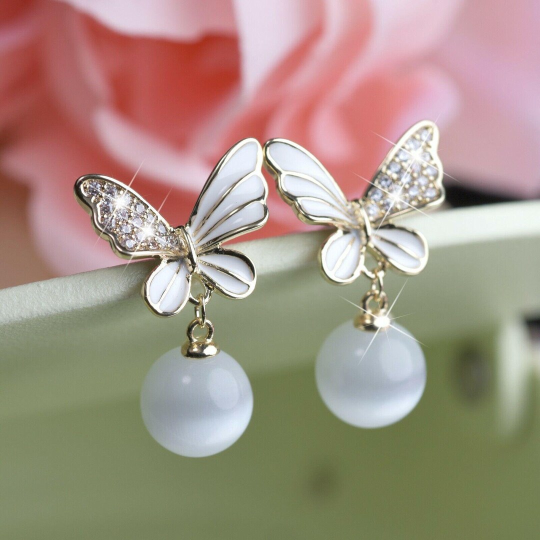 14k yellow gold gf crystal stud jade earrings 925 silver pin white ...