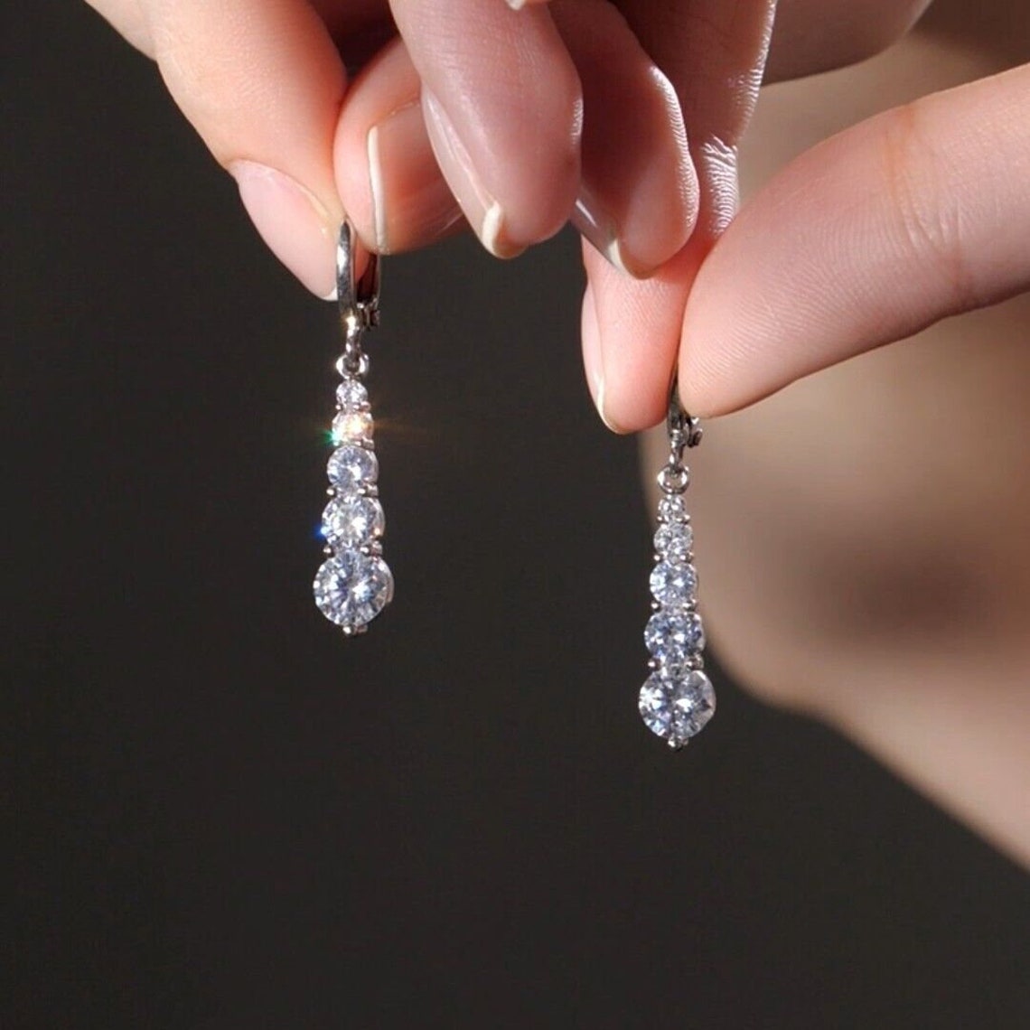 Silver Simulated Diamond Earrings, 5 Stones CZ Drop Dangle Earrings ...