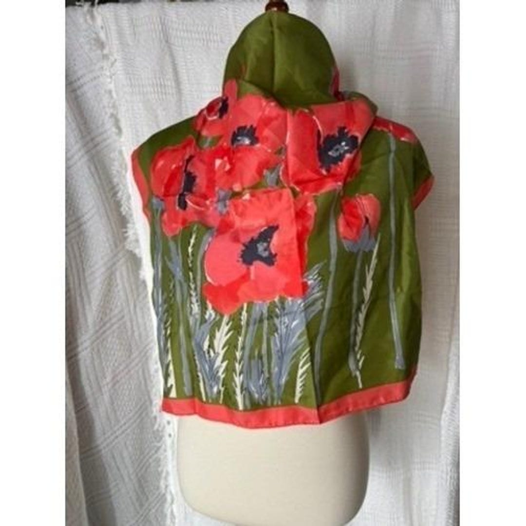 Vera Neumann Vintage Red Poppy Floral Square Scarf Olive Green Coral ...