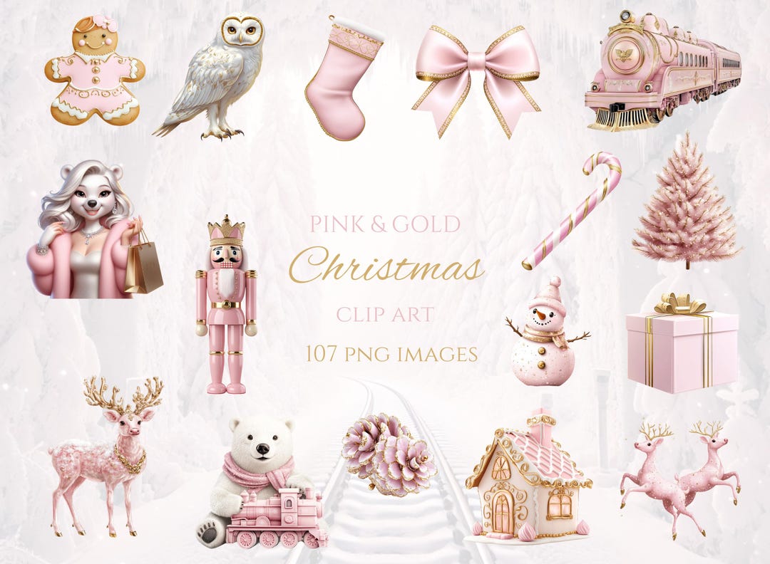 Pink & Gold Christmas Clip Art Bundle 107 PNG Images 4 Free Digital ...