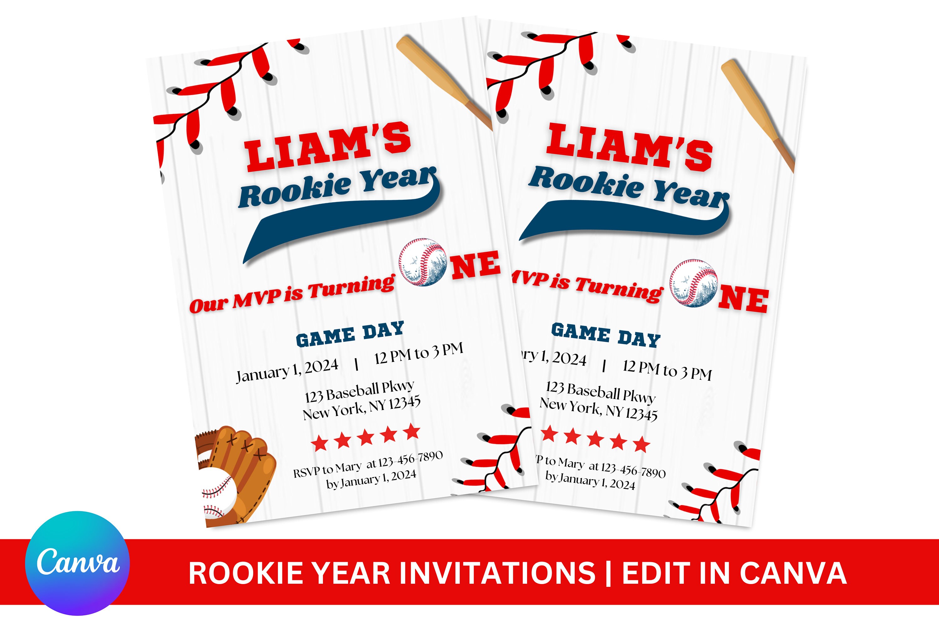 Rookie Year Invitation Instant Download Edit in Canva for FREE Baseball ...