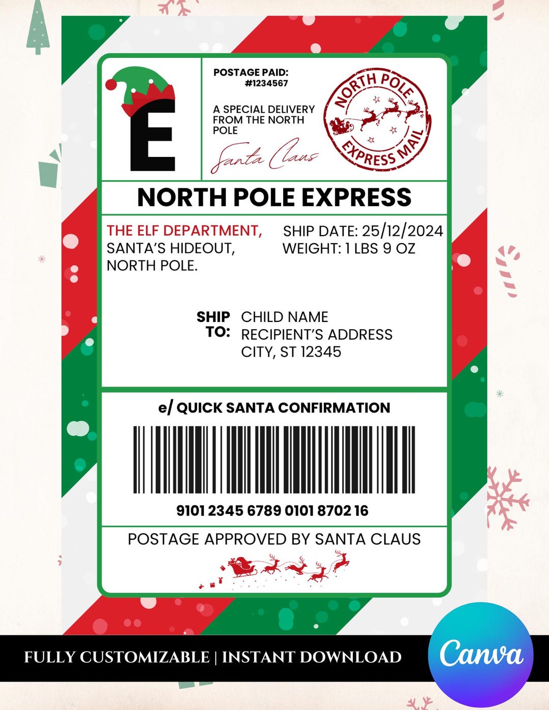 Editable North Pole Express Santa Shipping Label Christmas Gift Label ...