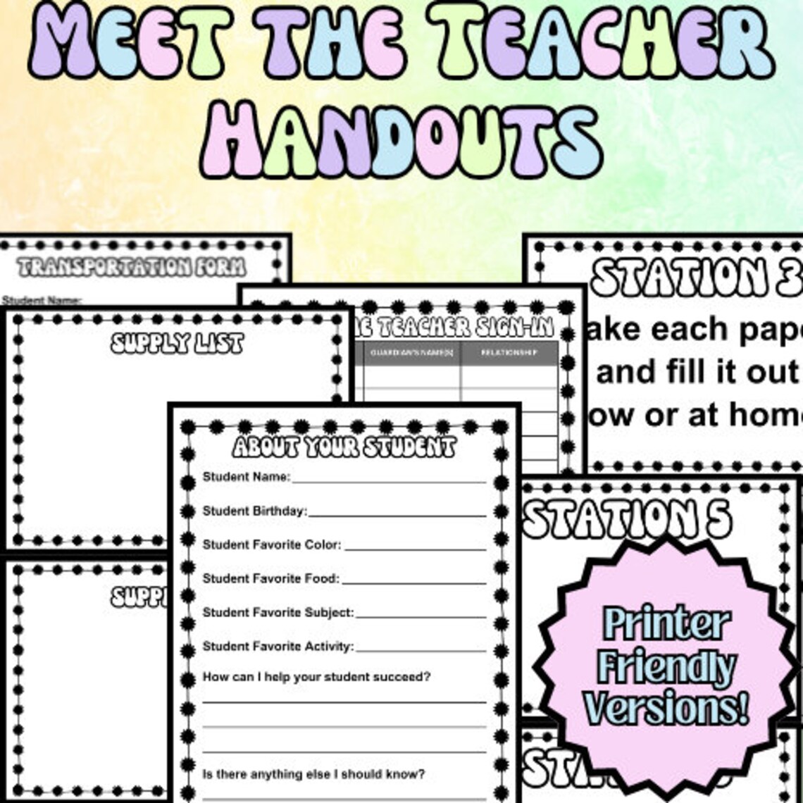 Meet the Teacher Pastel Handouts – Premade & Editable Stations - Etsy