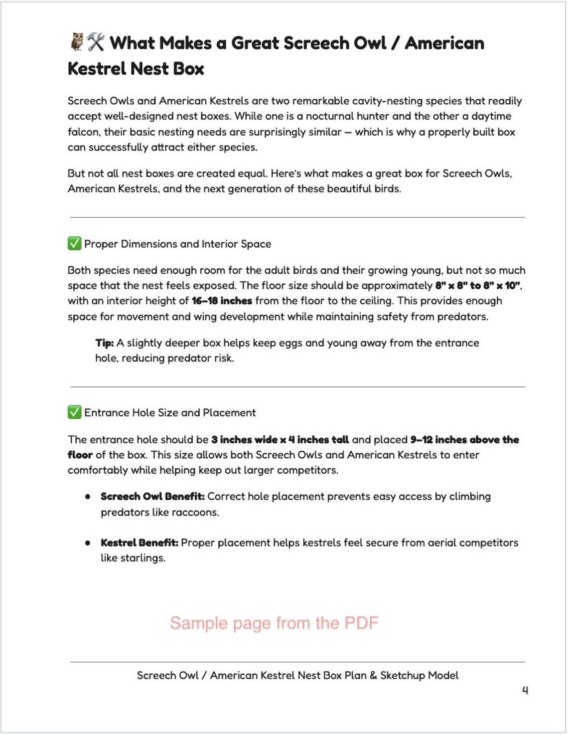 Screech Owl / Kestrel Nest Box Plans & Sketchup Model - Etsy