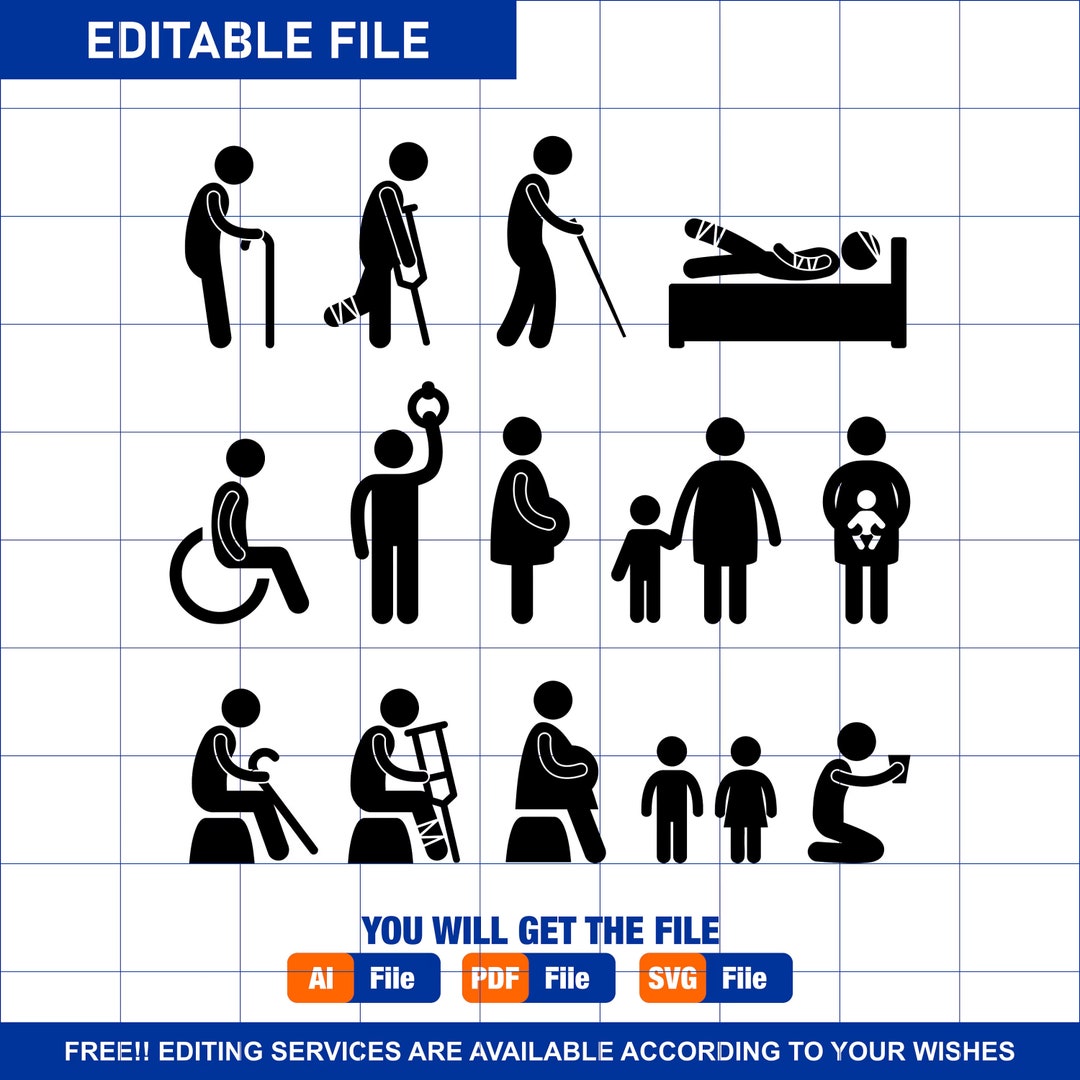 Stick Figures for People in Needs. Old Man, Handicapped, Disabled ...