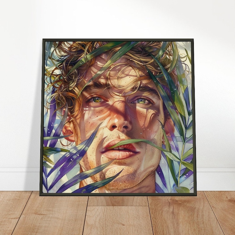 Beautiful Male Portrait Art, Young Man Portrait, Palm Fronds, Large ...