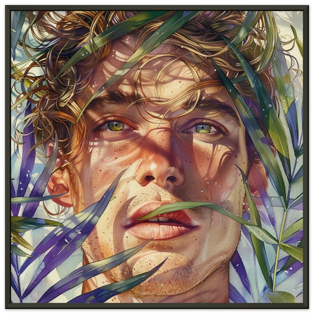 Beautiful Male Portrait Art, Young Man Portrait, Palm Fronds, Large ...