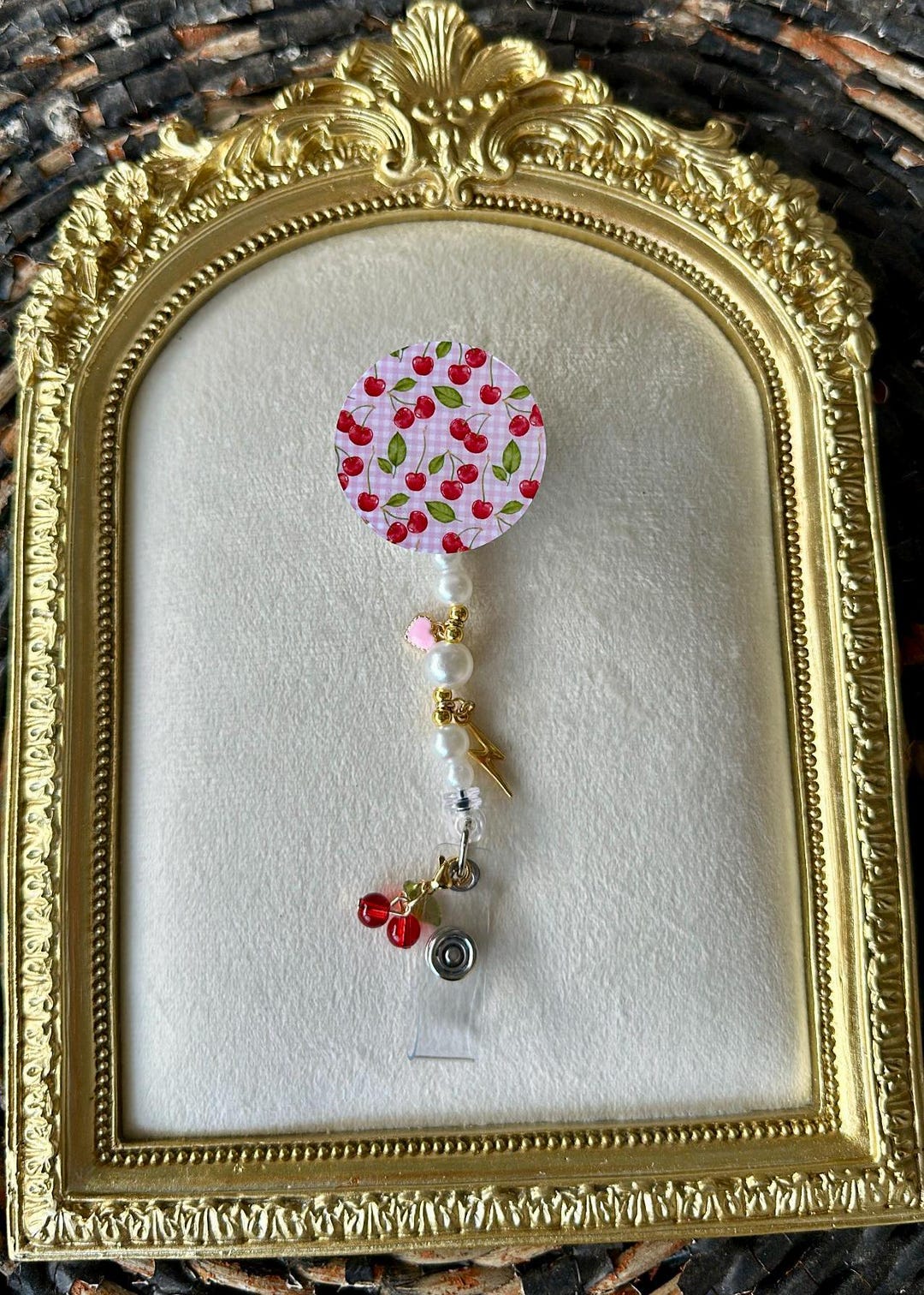 Cherries and Pink Checkers Badge Reel, Fruit, Girly, Customizable ...