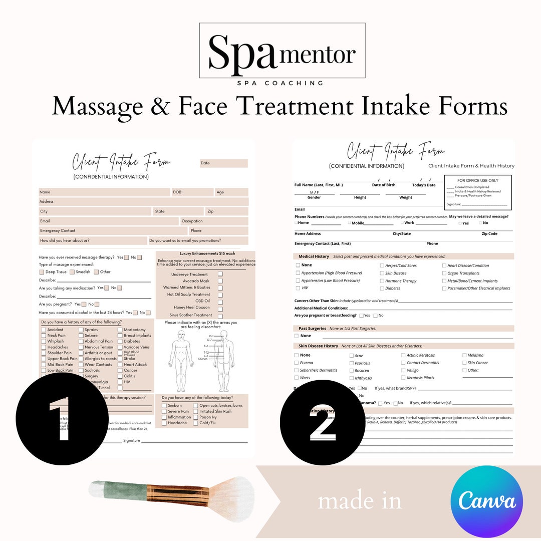 Massage Therapy Client Intake & Face Treatment/facial Intake Form ...