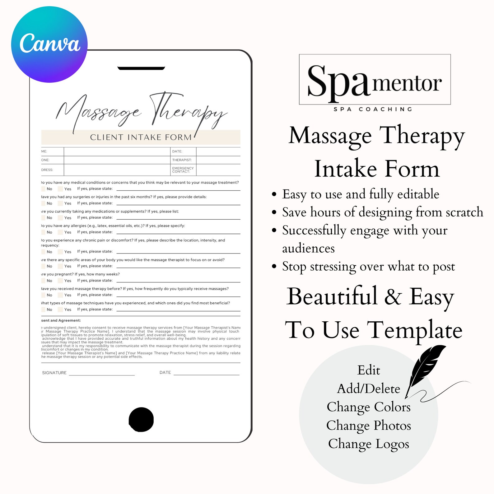 Massage Therapy Client Intake Form- Fully Customizable and Editable in ...