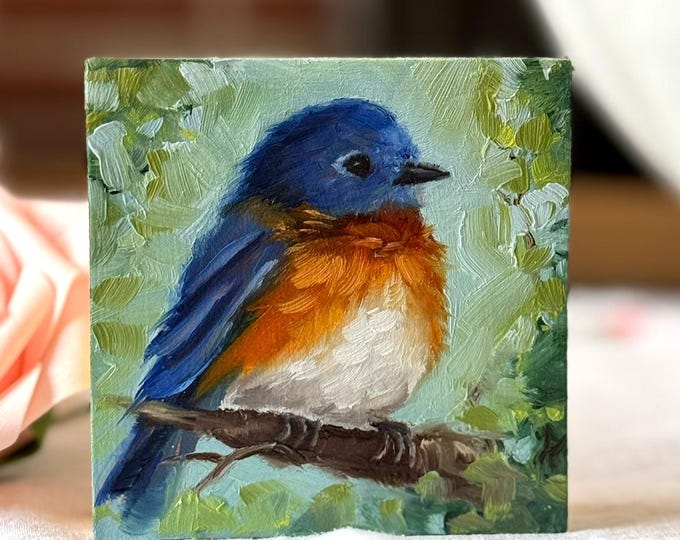 Original Oil Painting of a Bluebird, 3"x3" on a Professional Wooden ...