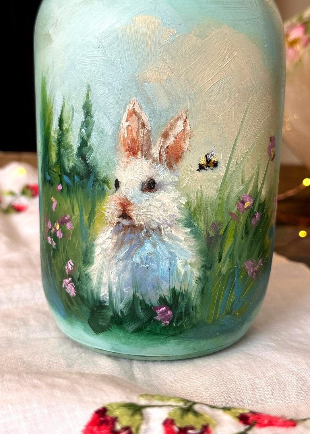 HANDPAINTED Mason Jar ~ Vintage Bunny Rabbit, Turquoise Mason Jar ...