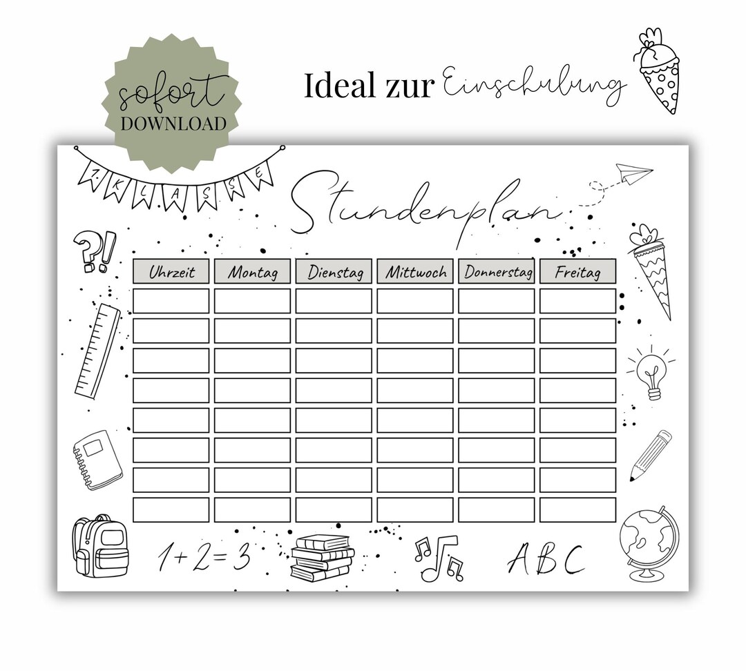 1st Grade Black and White Timetable With 8 Lessons | Elementary School ...