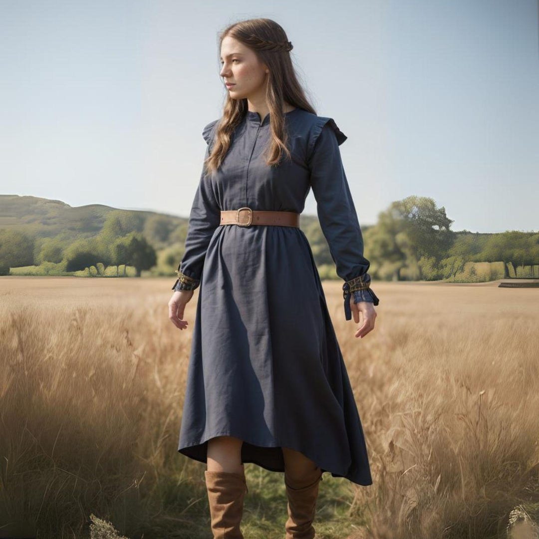 Navy Blue Medieval Tunic Dress Long-sleeved Renaissance Costume High ...