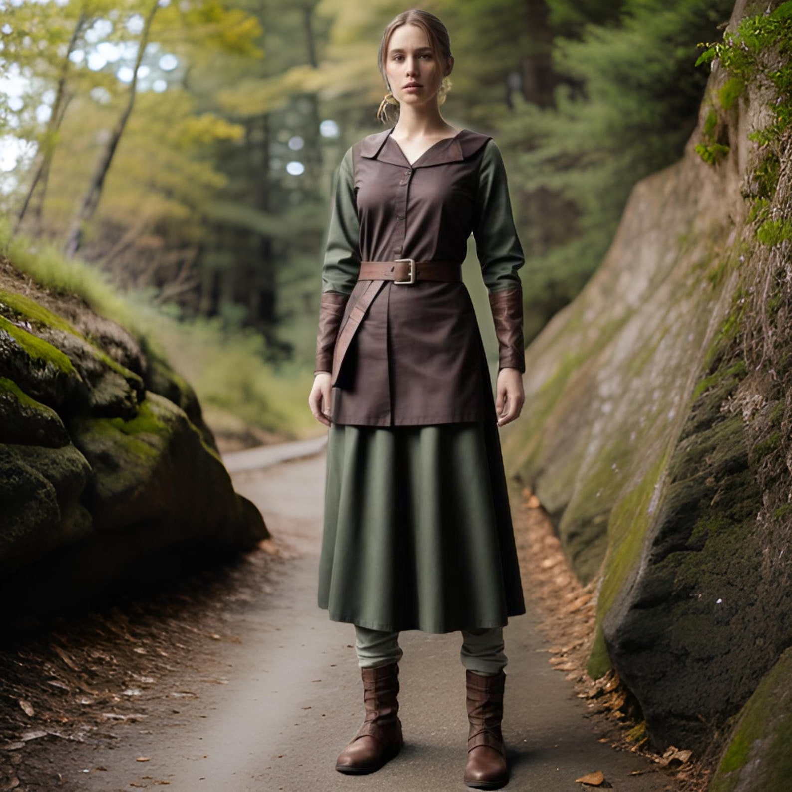 Medieval Warrior Woman Long Tunic | Fantasy Green Archer Dress Skirt ...