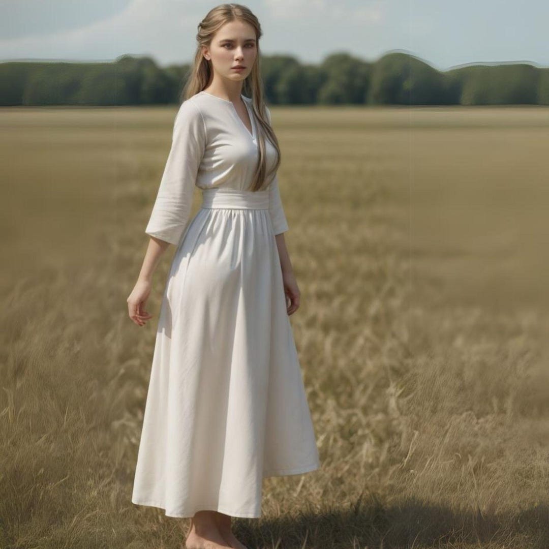 Ivory Elizabethan Era Renaissance Midi Dress Women Minimalistic Linen ...